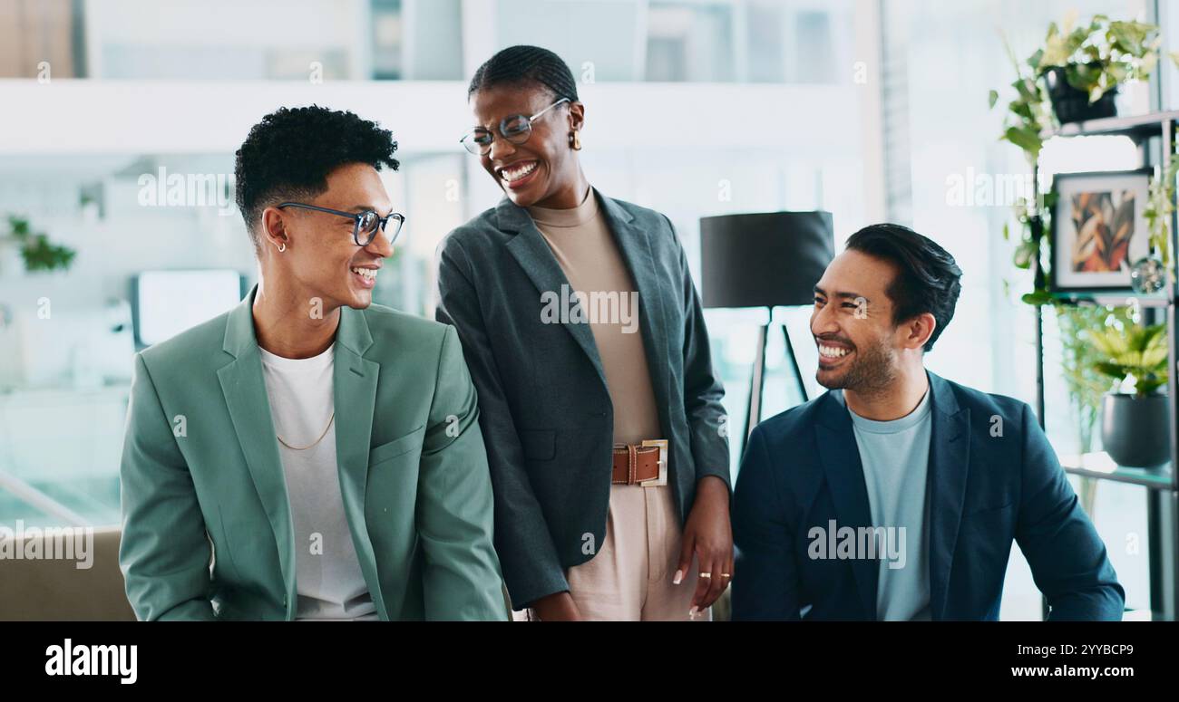 Office, break and business people laughing with discussion for startup ...