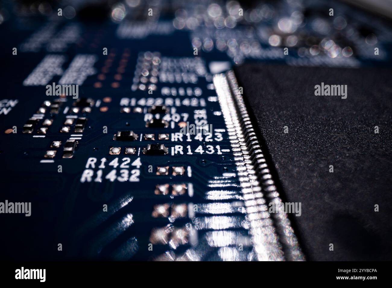 CPU electrons. Motherboard closeup. Circuit board with electrons. Electronic circuit board close ...