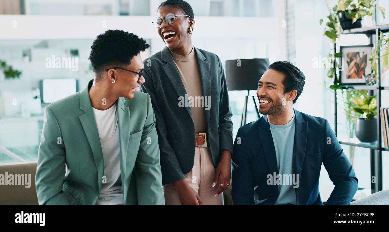 Office, break and business people laughing with conversation for startup, planning and ideas ...