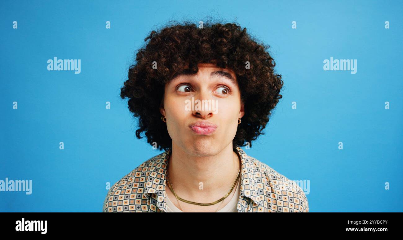 Man, face and pout with afro for kiss, flirty expression or dream in ...