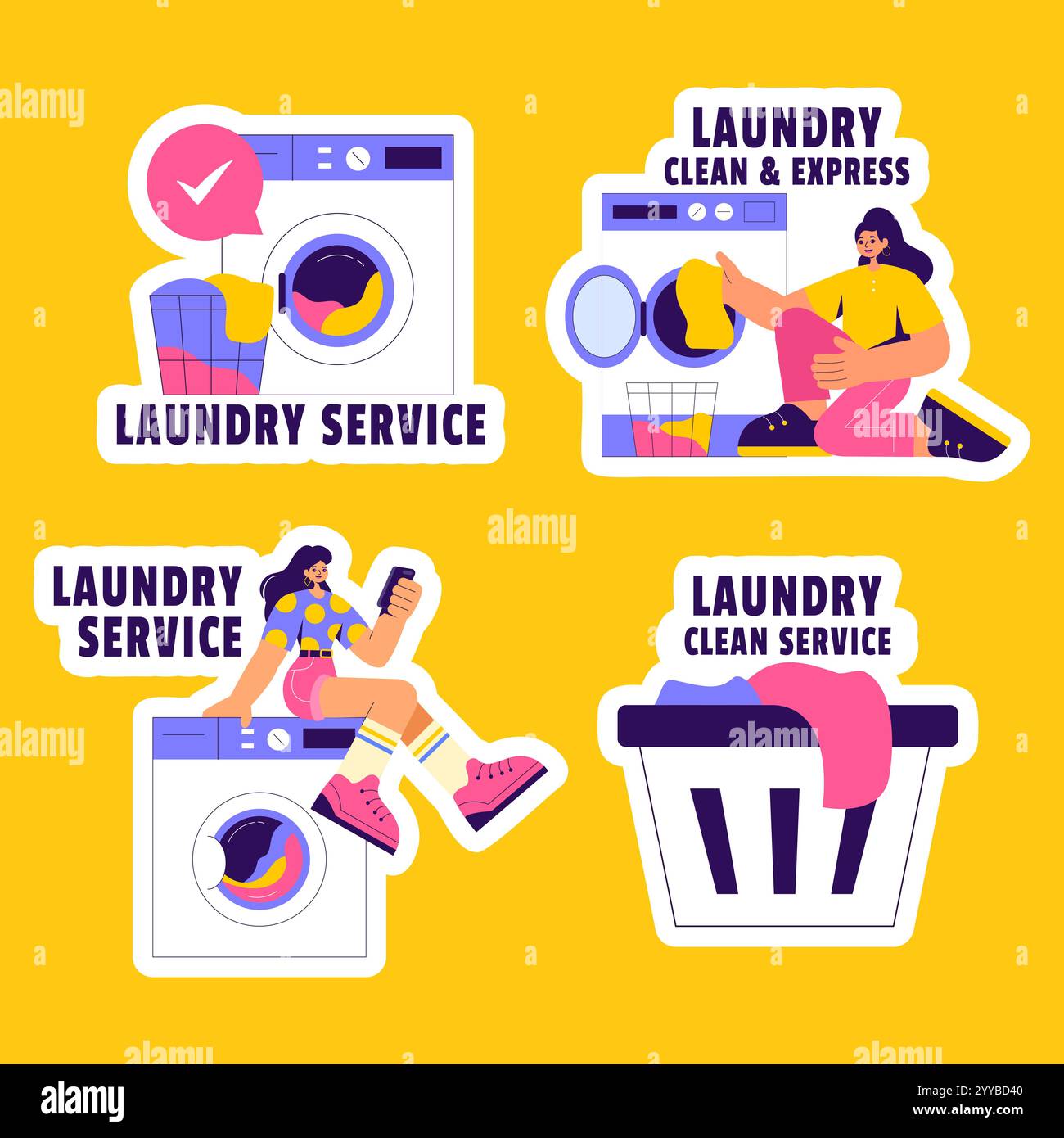 Laundry and Cleaning Service Label Design in Hand-Drawn Style Stock ...