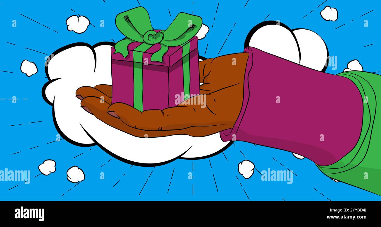 Cartoon, comic book human hands holding Gift Box. Retro vector comics ...