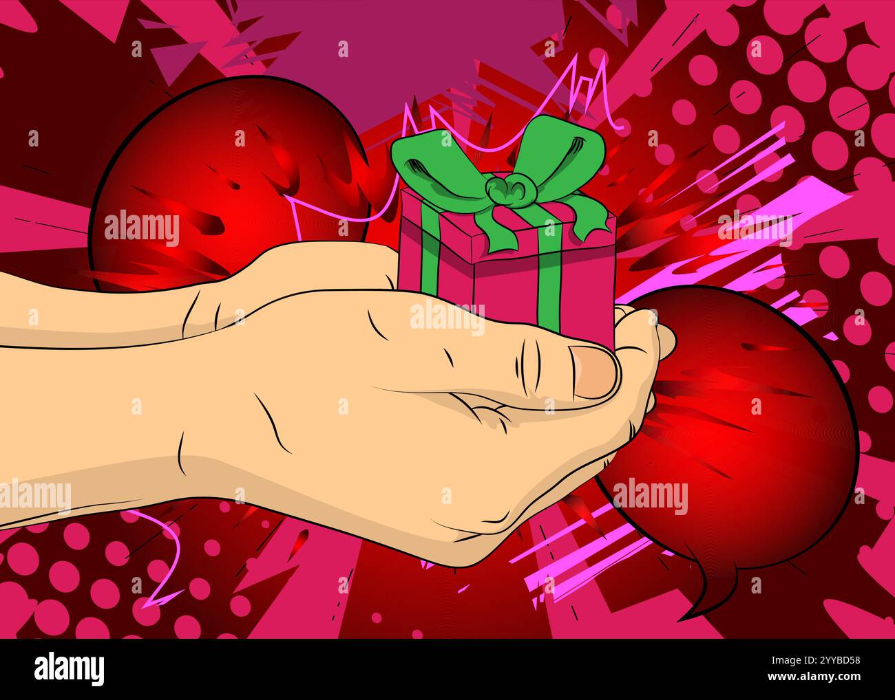 Cartoon, comic book human hands holding Gift Box. Retro vector comics ...