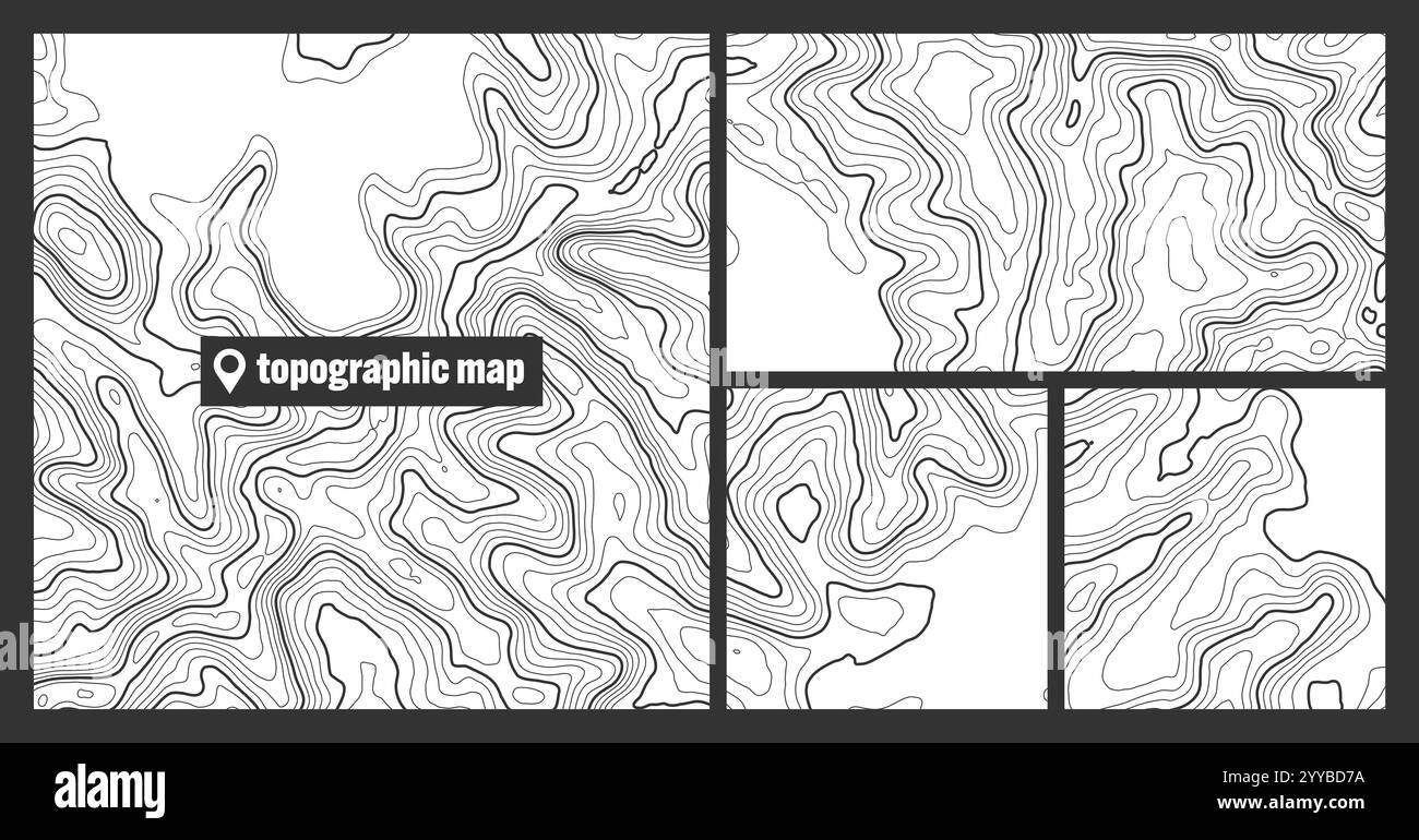 Colorful topographic map sets with contour lines. Geographic terrain grid, relief height ...