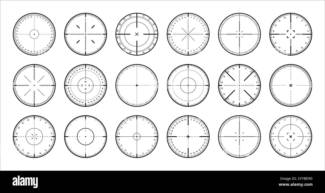 Various sniper rifle sights with degree scale, weapon optical scope ...