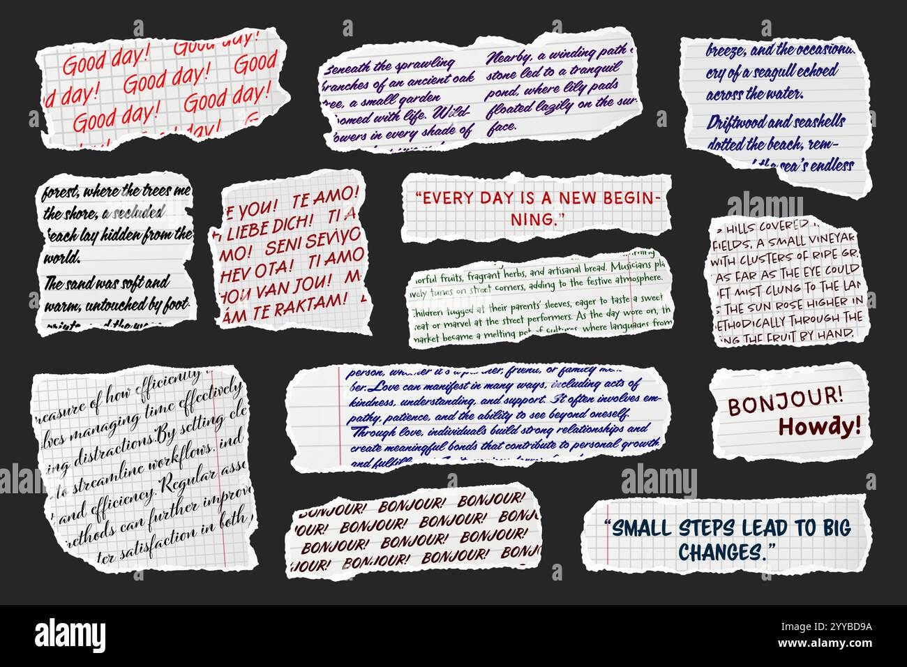 Ripped paper strips with handwritten text. Realistic crumpled paper ...