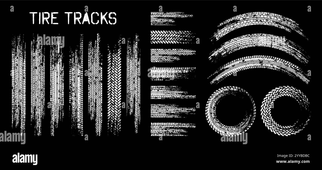 Grunge tire tracks, wheel braking marks. Truck, car or motorcycle tread ...