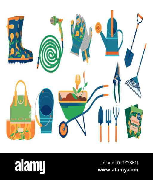 garden tool elements collection with boot, watering can, glover, hose, etc Stock Vector Image ...