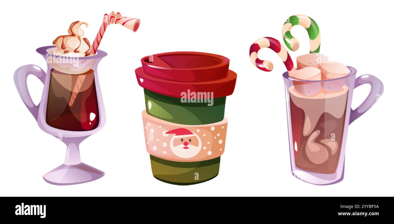 Holiday hot chocolate set with festive beverages - glass cups filled with cocoa topped with ...