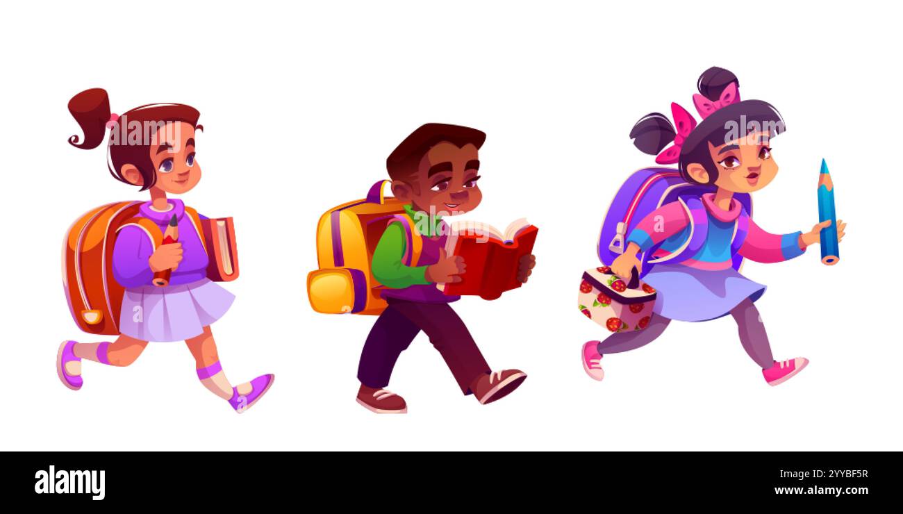 School children walk collection - diverse cartoon pupils carrying ...
