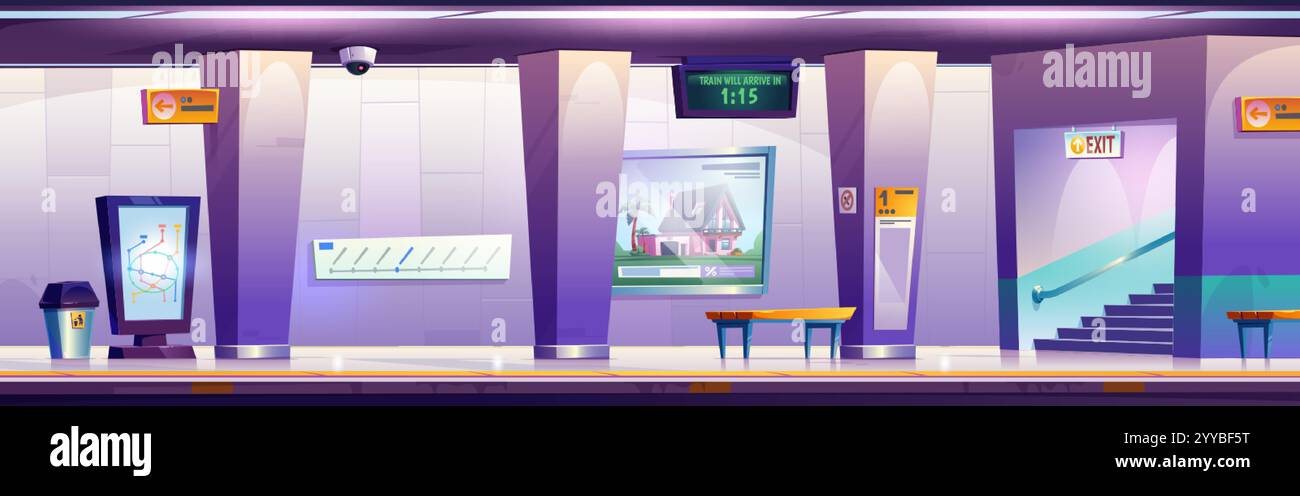 Modern subway station platform interior with digital screens displaying ...