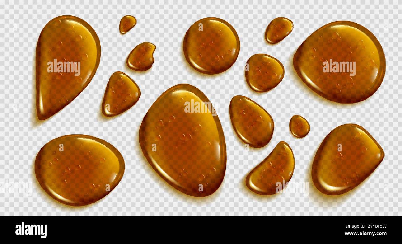 3d honey drop. Gold olive oil or serum bubble. Golden cosmetic argan ...