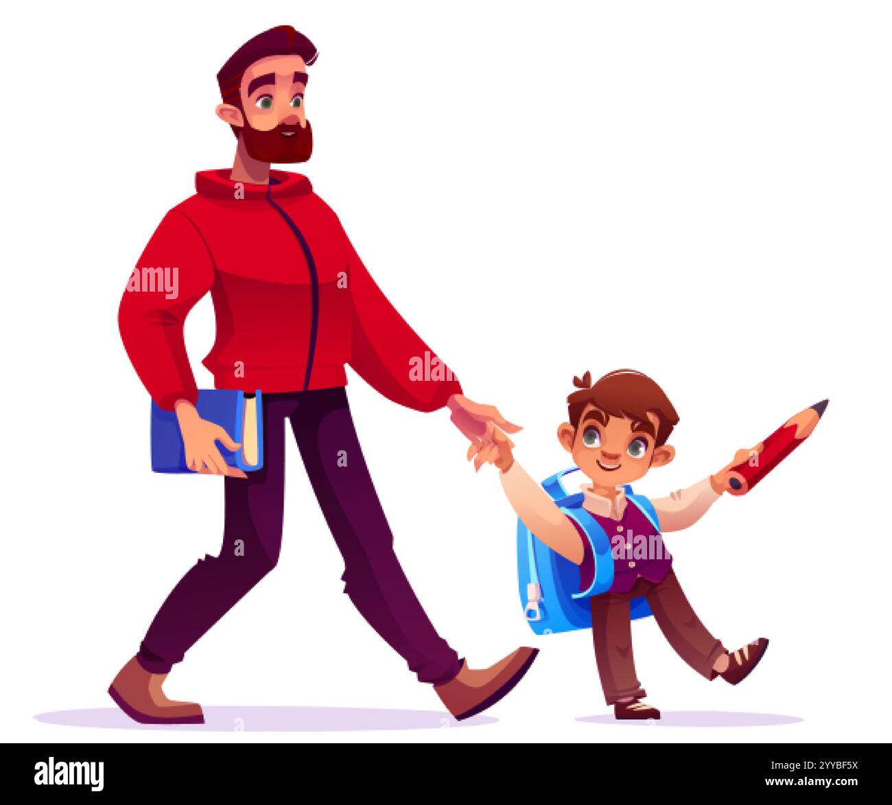 School child walk with father - cartoon illustration of excited pupil ...
