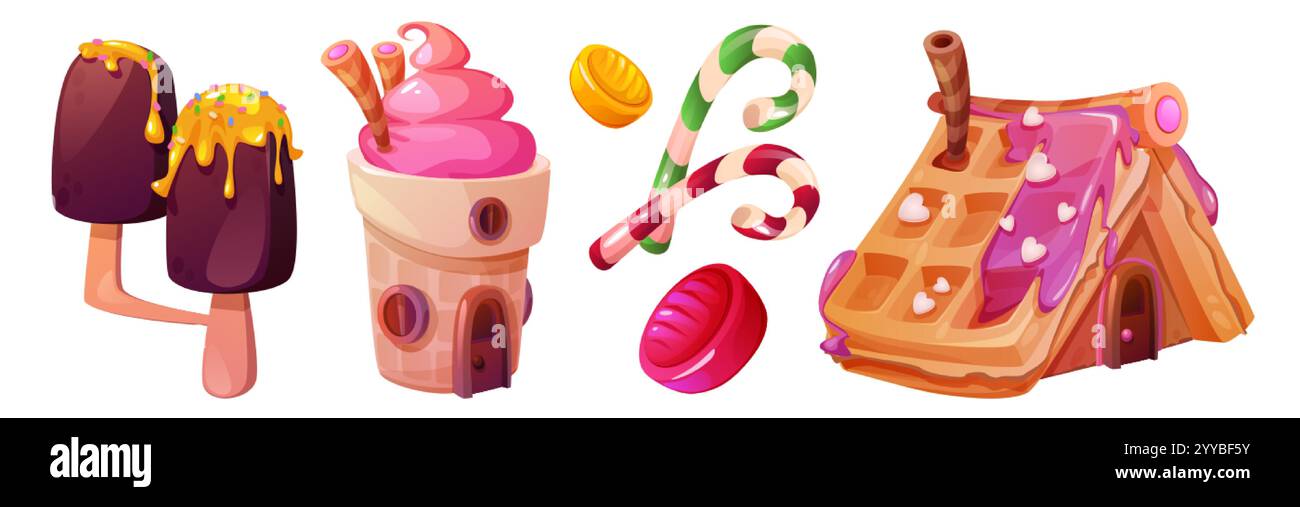 Candy land sweet set. Chocolate covered ice cream tree with sprinkles ...