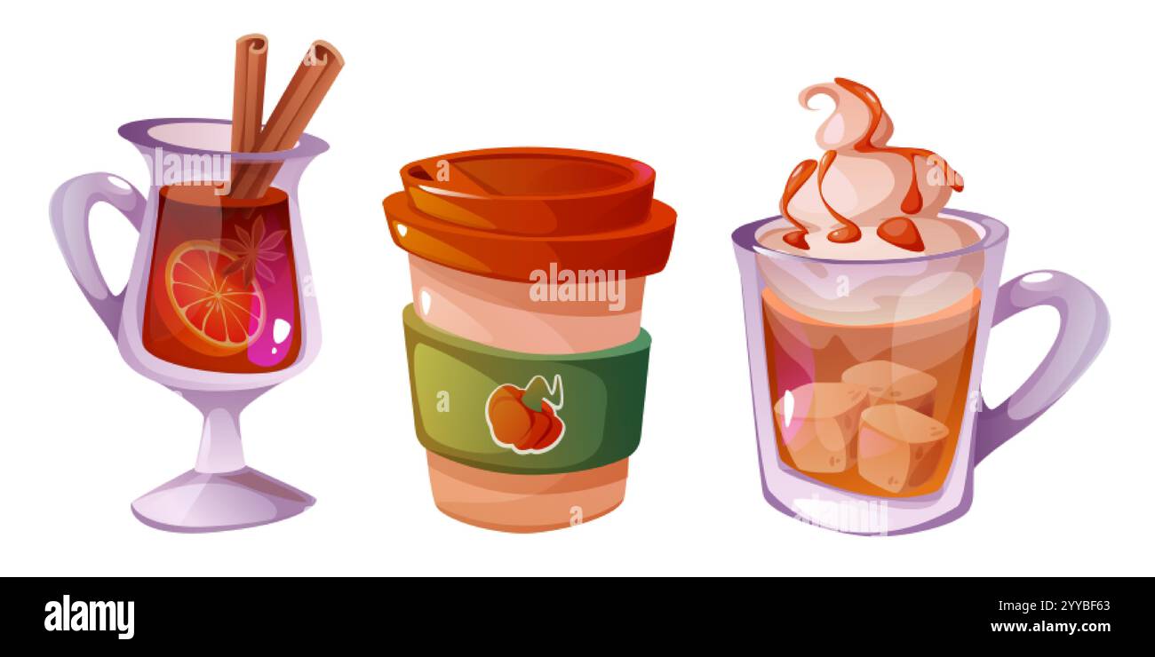 Hot spicy drinks set isolated on white background. Vector cartoon ...