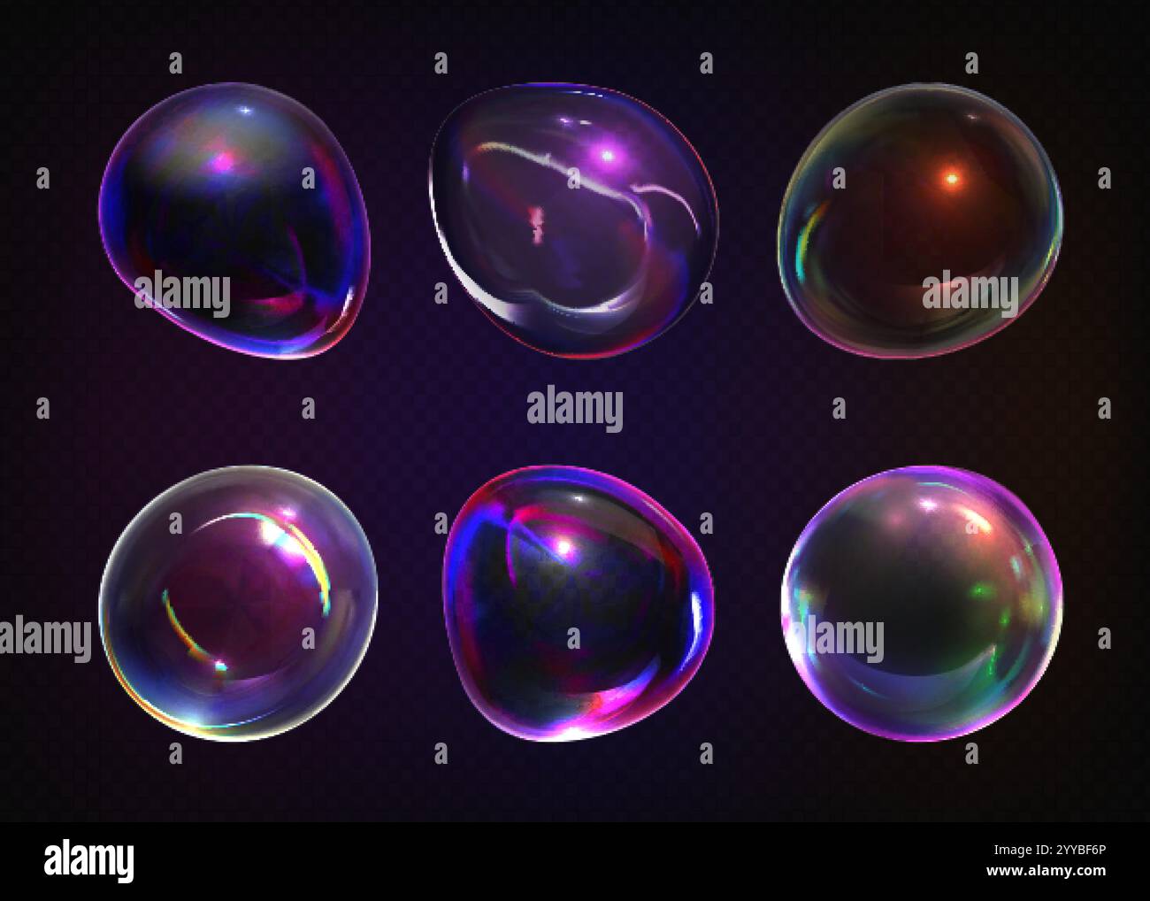 Realistic 3d glass spheres featuring soap bubble iridescent effect. Collection of transparent ...