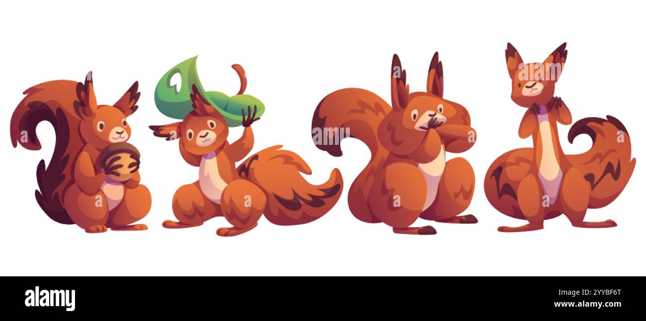 Cute squirrel character set. Cartoon mascot in different poses ...