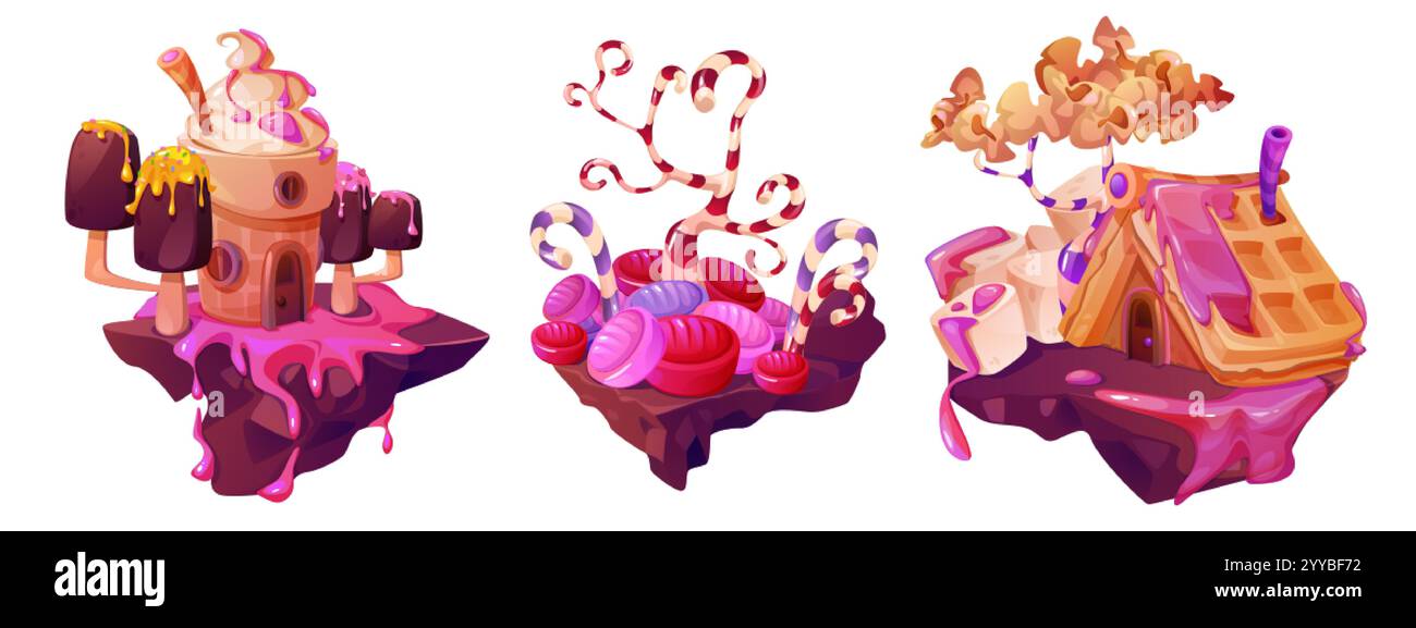 Candy land floating islands set. Chocolate platforms with pink syrup ...