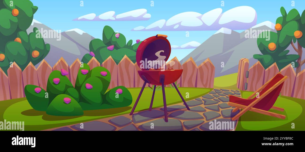 Cozy backyard with red BBQ grill emitting smoke surrounded by lush ...