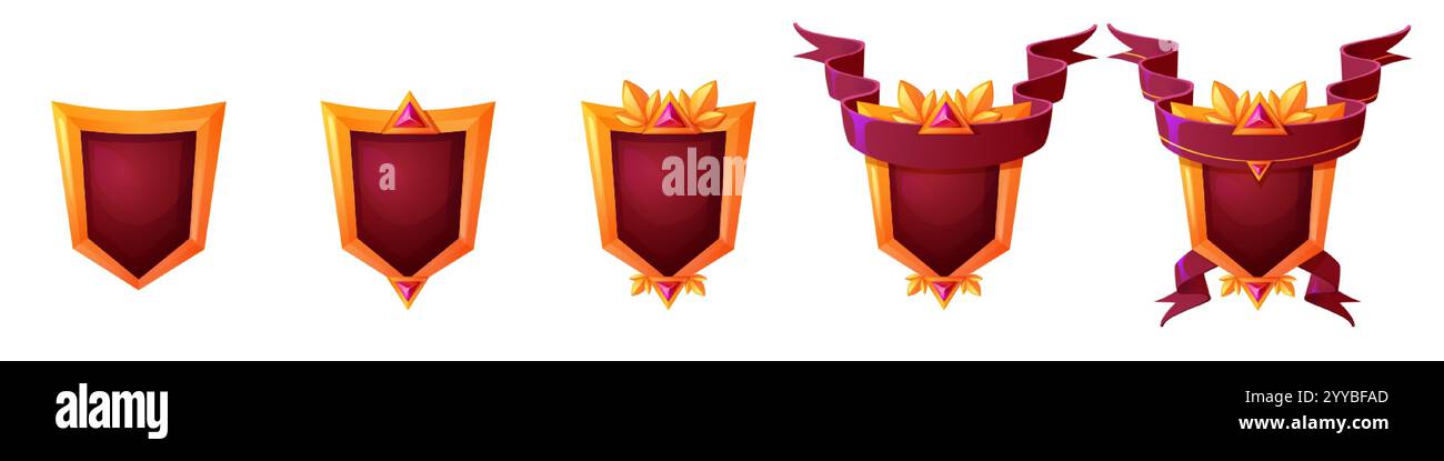 Gold game rank icon for level medal vector set. Achievement shield ...