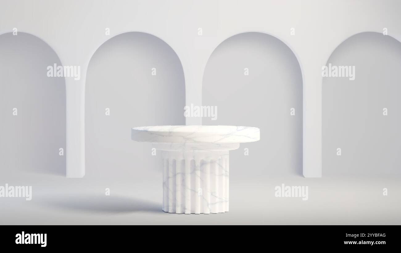 Marble column with fluted shaft stands against arch curved gallery ...