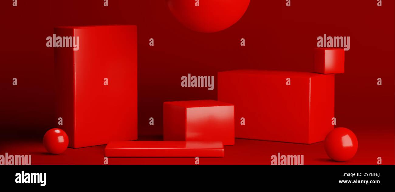 Minimalist geometric cube podiums of different height on red studio ...