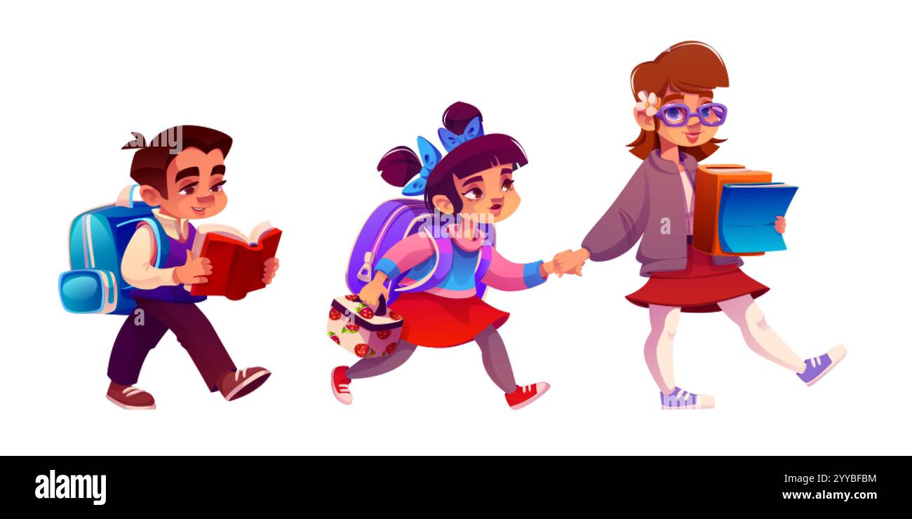 Schoolkids and female teacher walking to school isolated on white ...