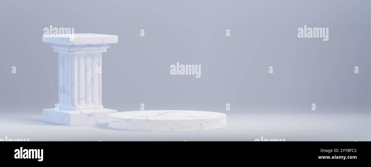 Elegant marble column with vertical fluted texture stands beside circular podium on neutral ...