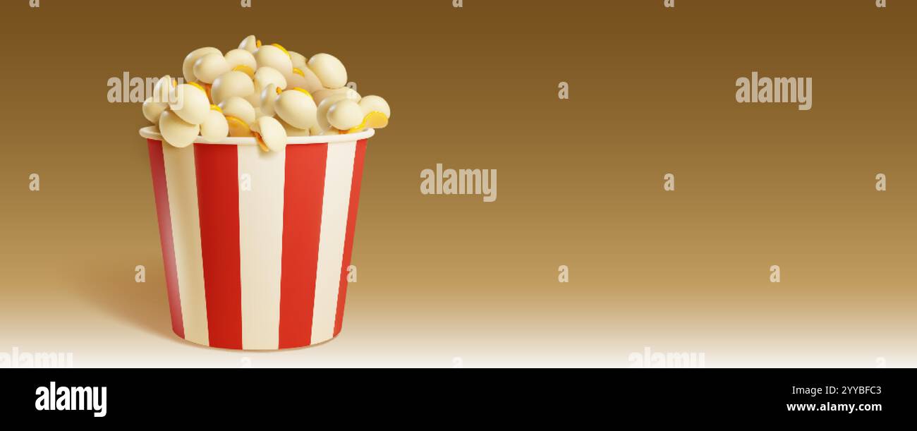 Fresh popcorn served in striped red and white container on golden ...