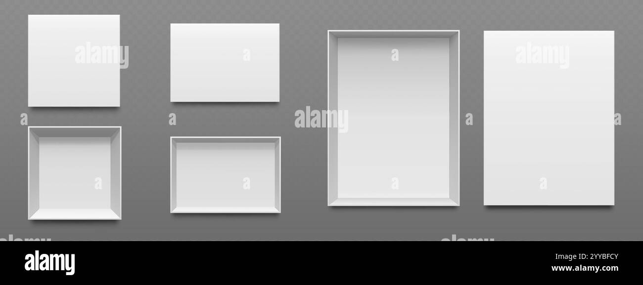 Top view empty open and closed white boxes mockup set on grey ...