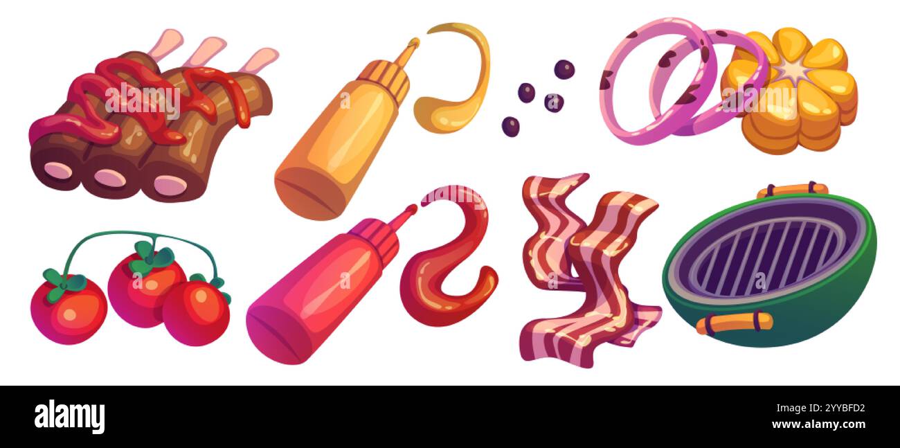 Grill meat cartoon. Bbq roast beef food for picnic vector icon. Bacon ...