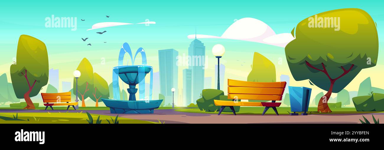 Downtown city park with green garden, tree and bench scene. Town street ...