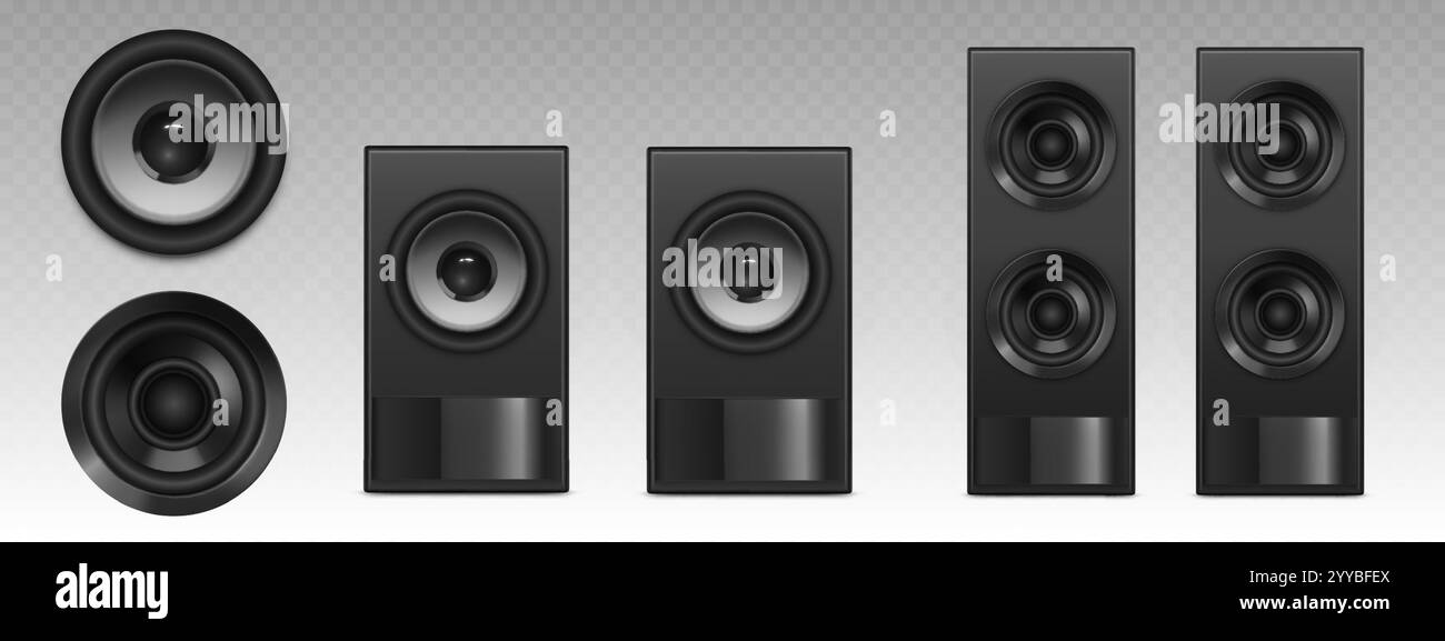 Black audio speaker systems of different configurations - single round ...