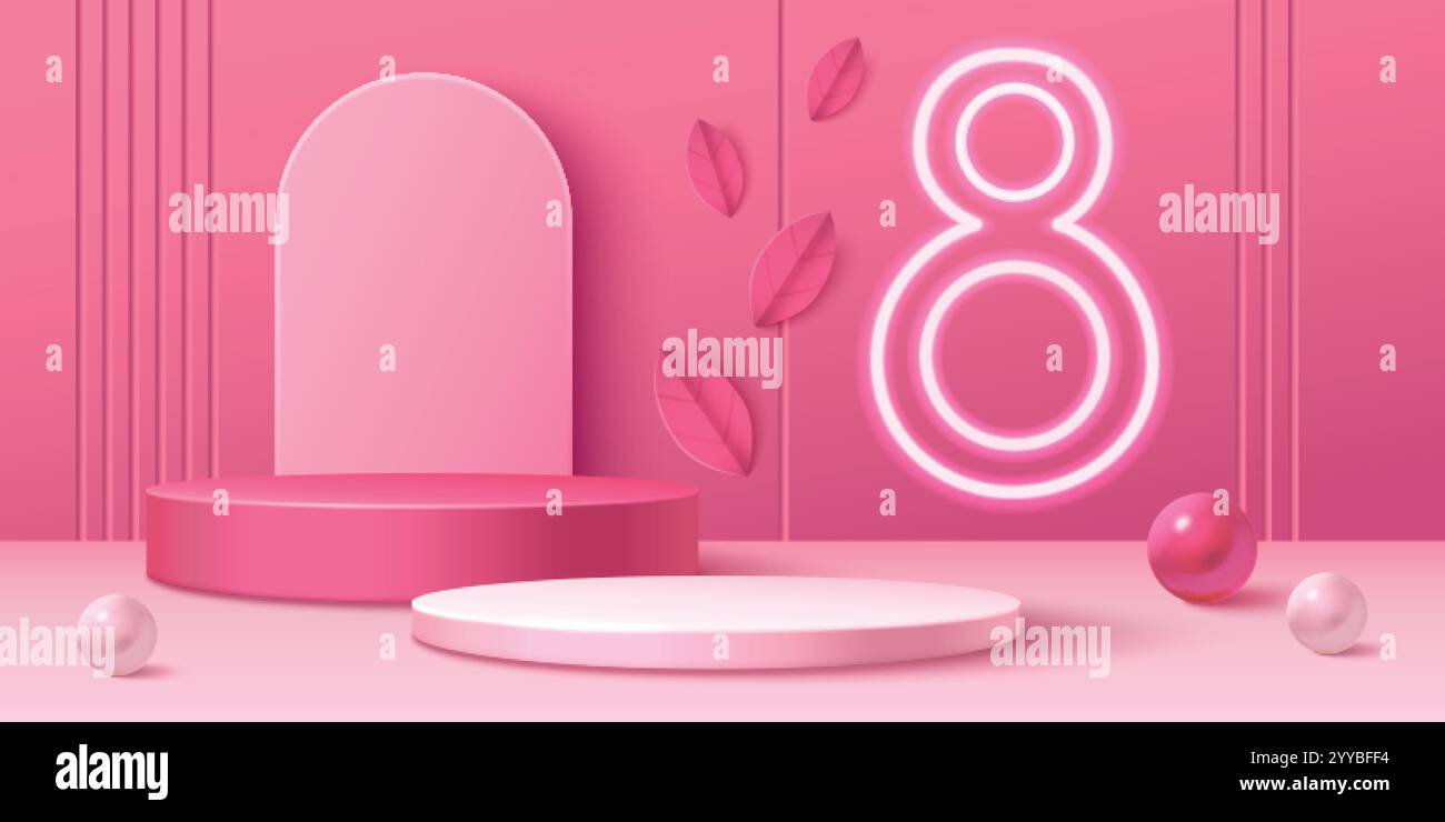 8 March background with pink round podium and pearls. Vector realistic ...