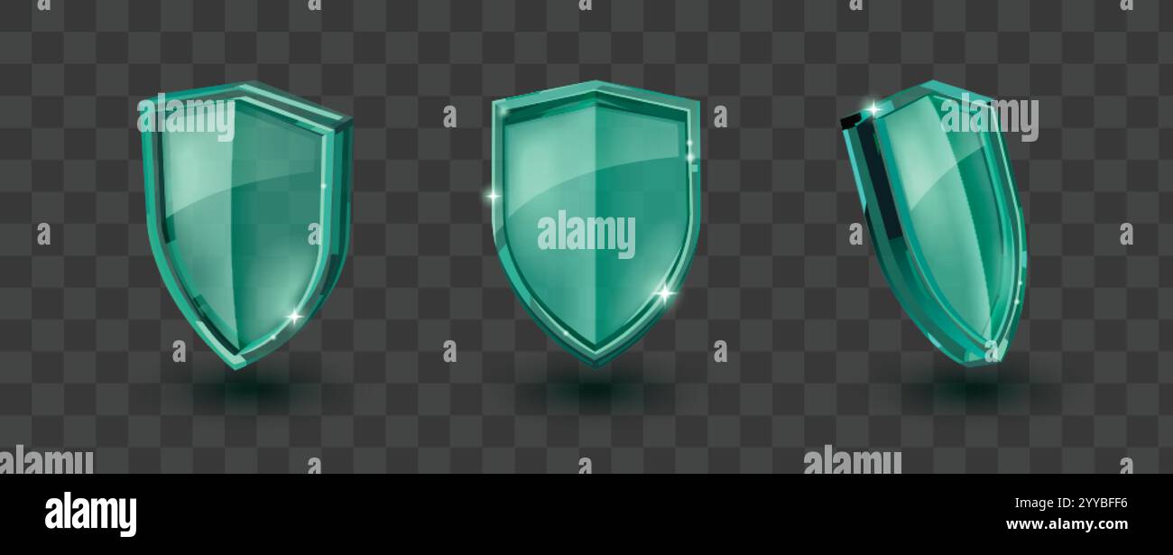 Green glass shields set isolated on transparent background. Vector ...