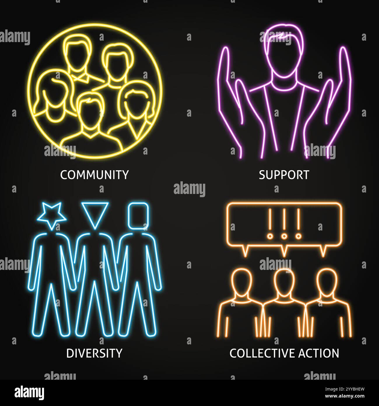Community neon icon set. Teamwork and cooperation, support, collective ...