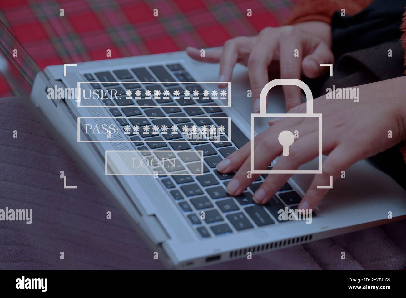 Cyber Security Concept Woman Hand Typing On Keyboard With Login And Password On Screen Display