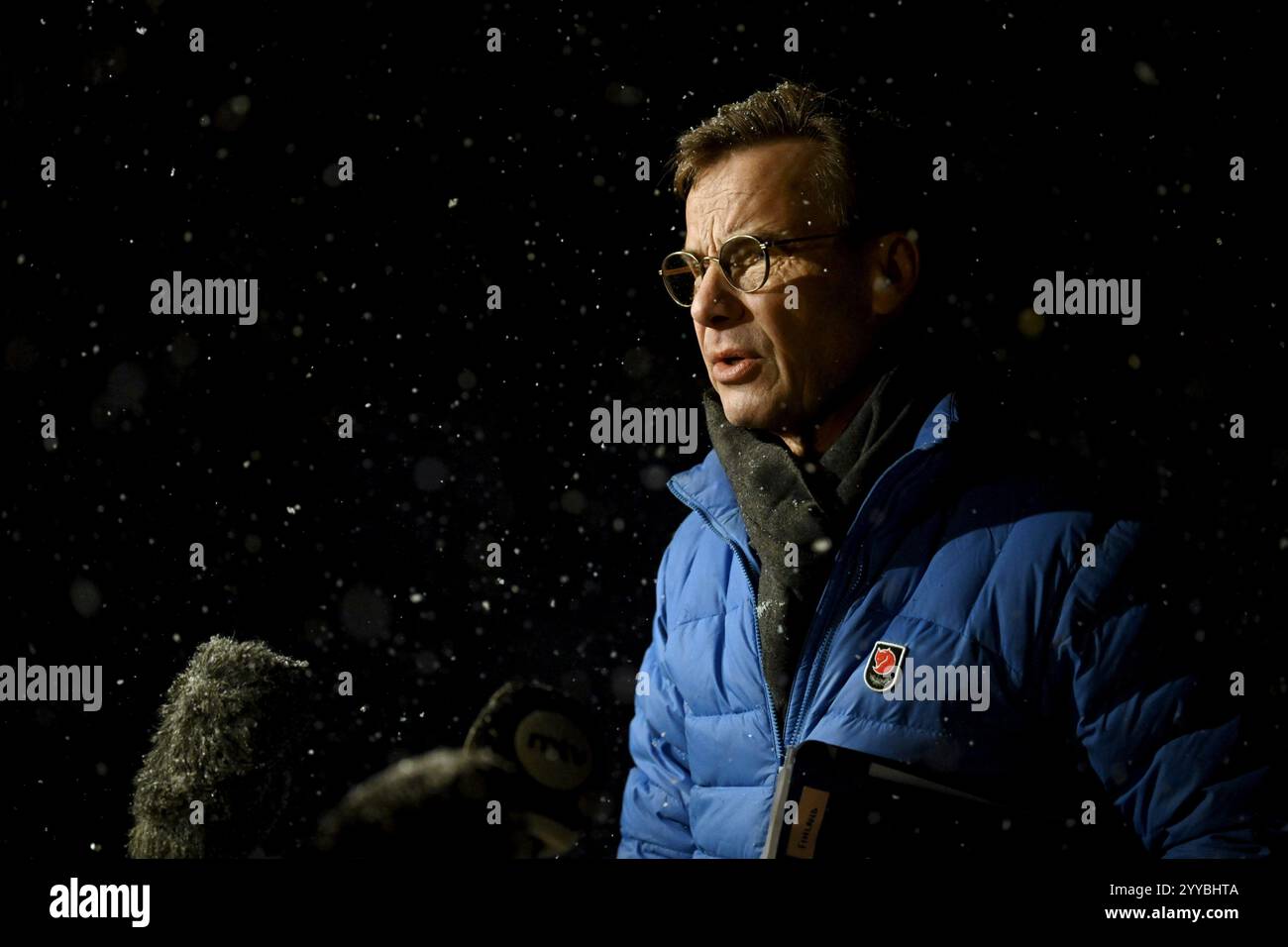 Sweden's Prime Minister Ulf Kristersson speaks to the press prior to ...