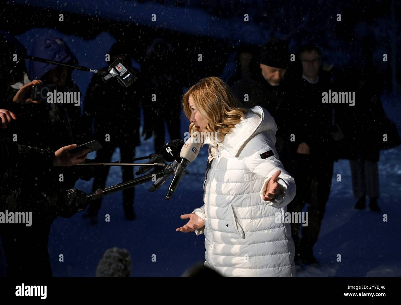 Italy's Prime Minister Giorgia Meloni speaks to press prior to Finnish ...