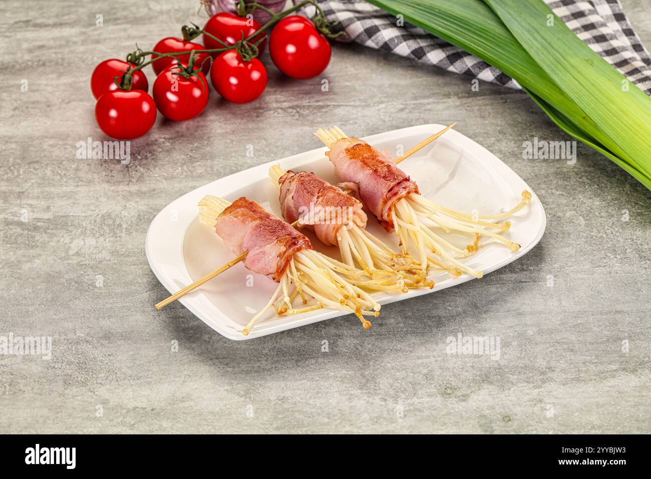 Grilled enoki mushroom with bacon roll wrap Stock Photo - Alamy