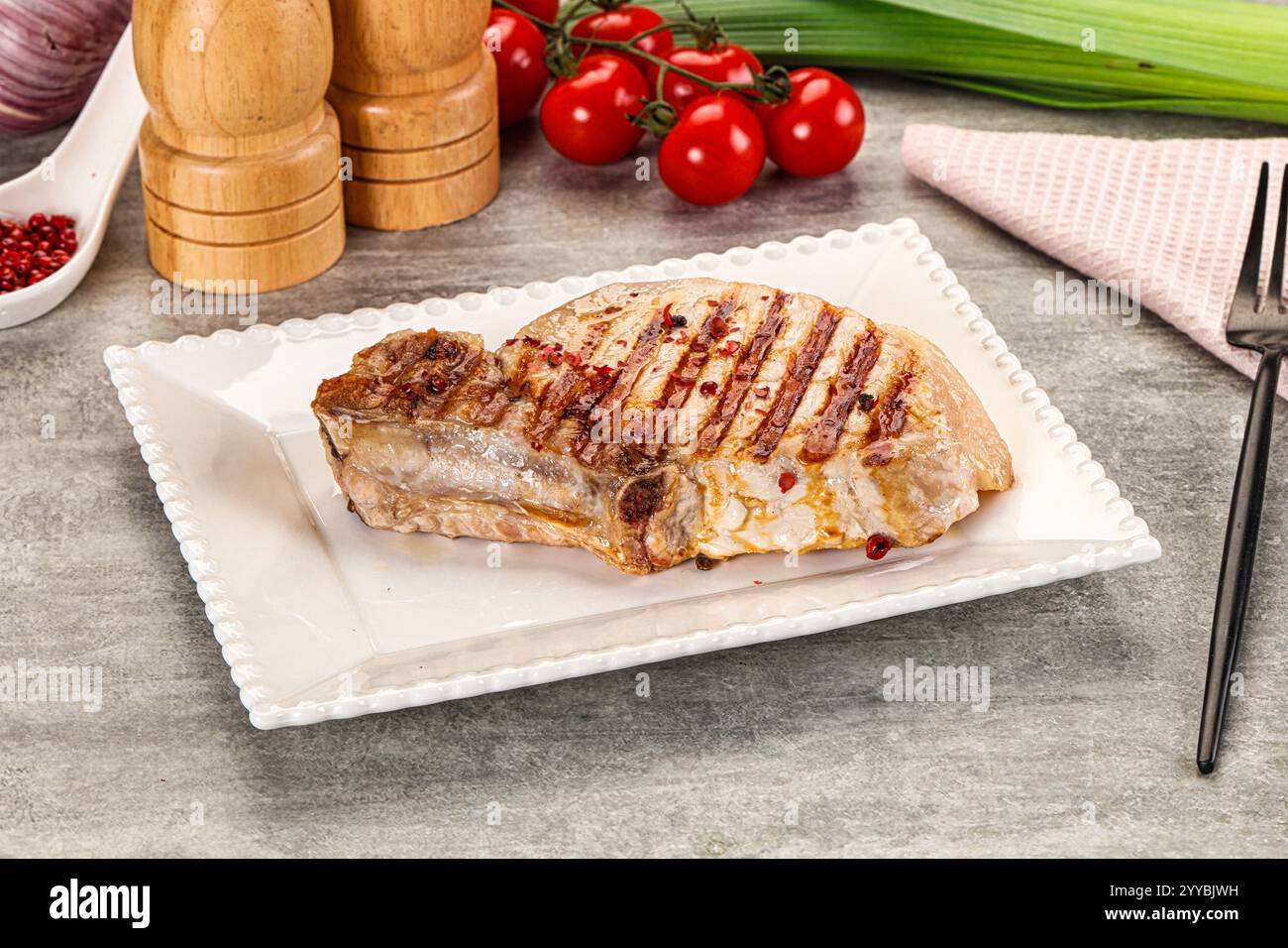 Grilled fat pork loin steak with bone Stock Photo - Alamy