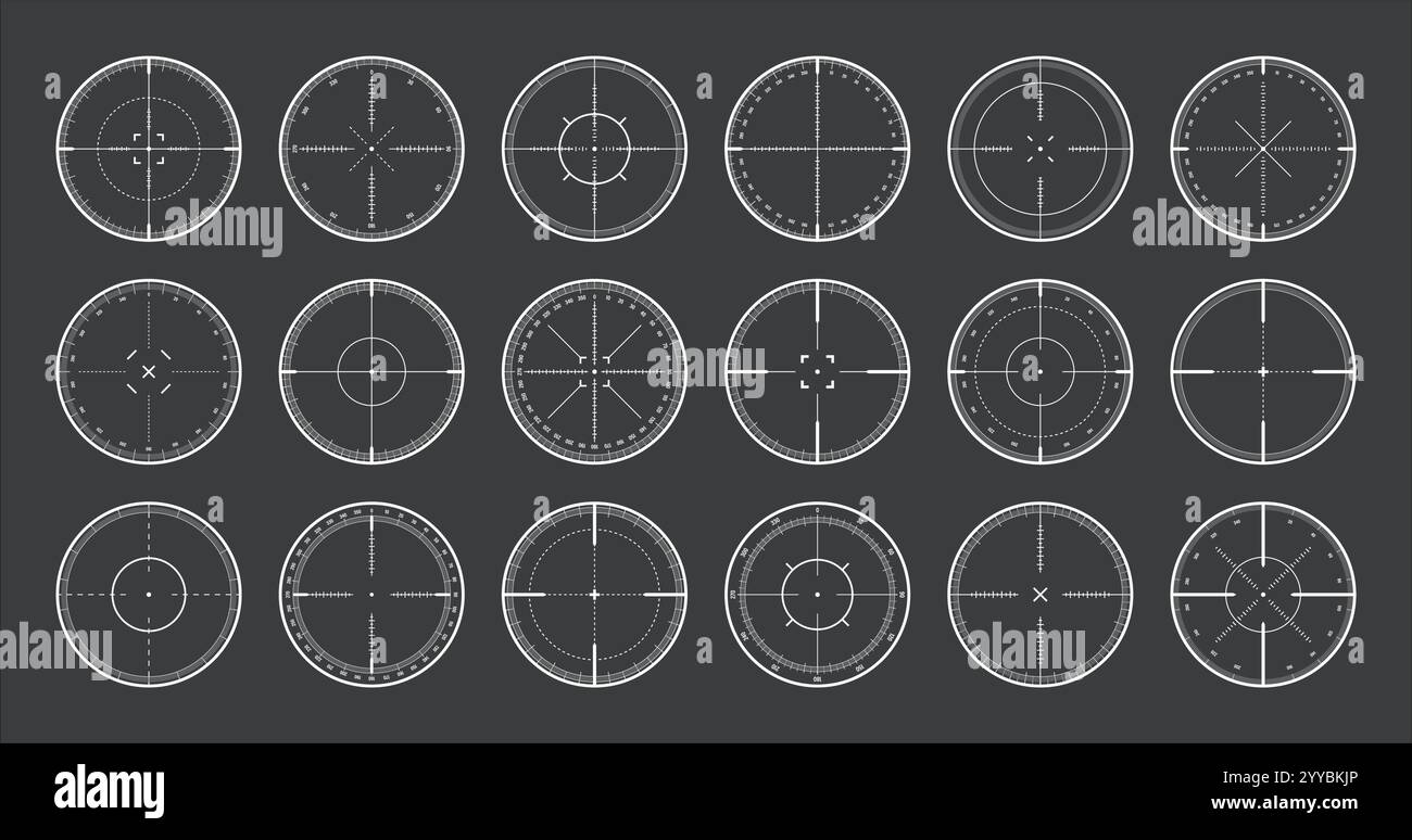 Various sniper rifle sights with degree scale, weapon optical scope ...
