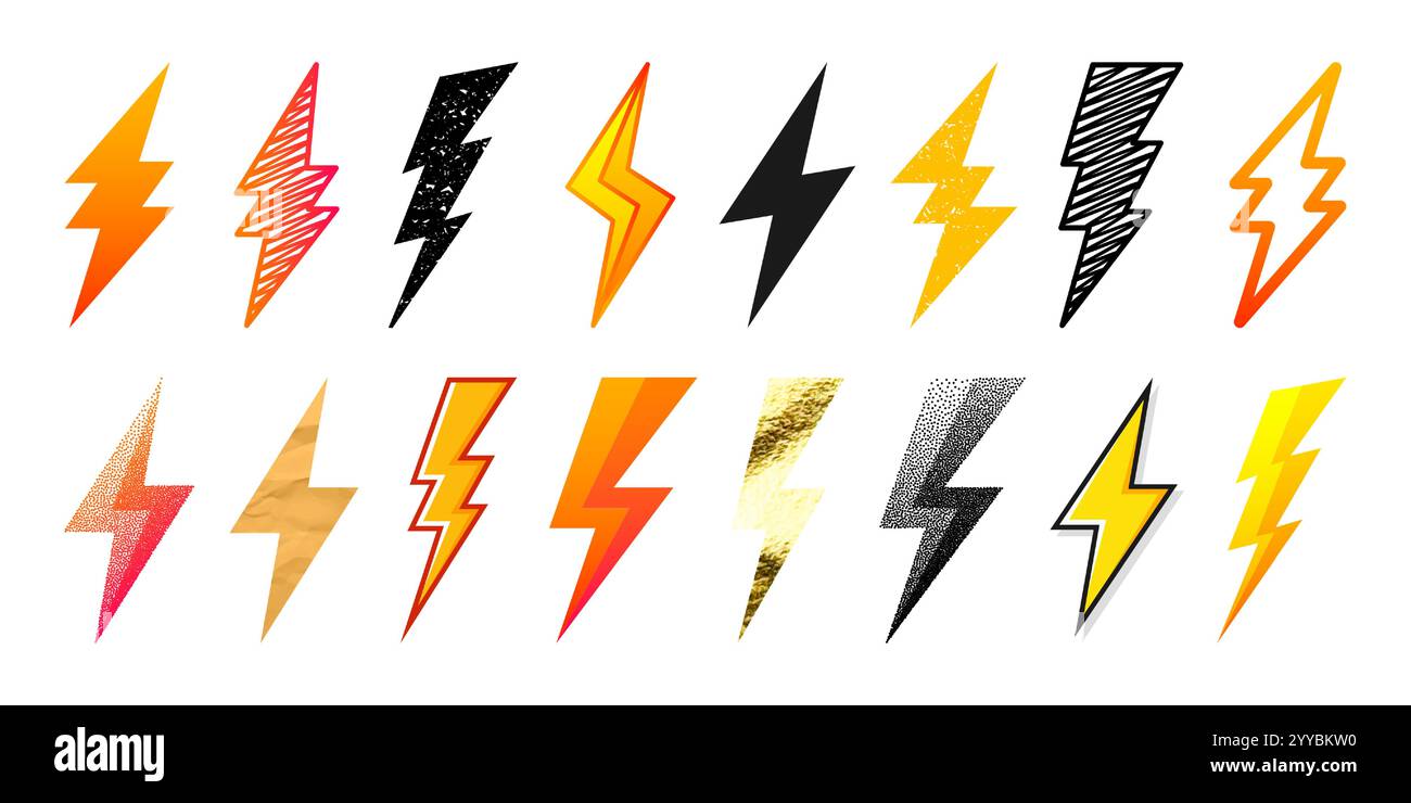 Lightning bolt icons collection. Golden, grunge, stippled, hand drawn ...