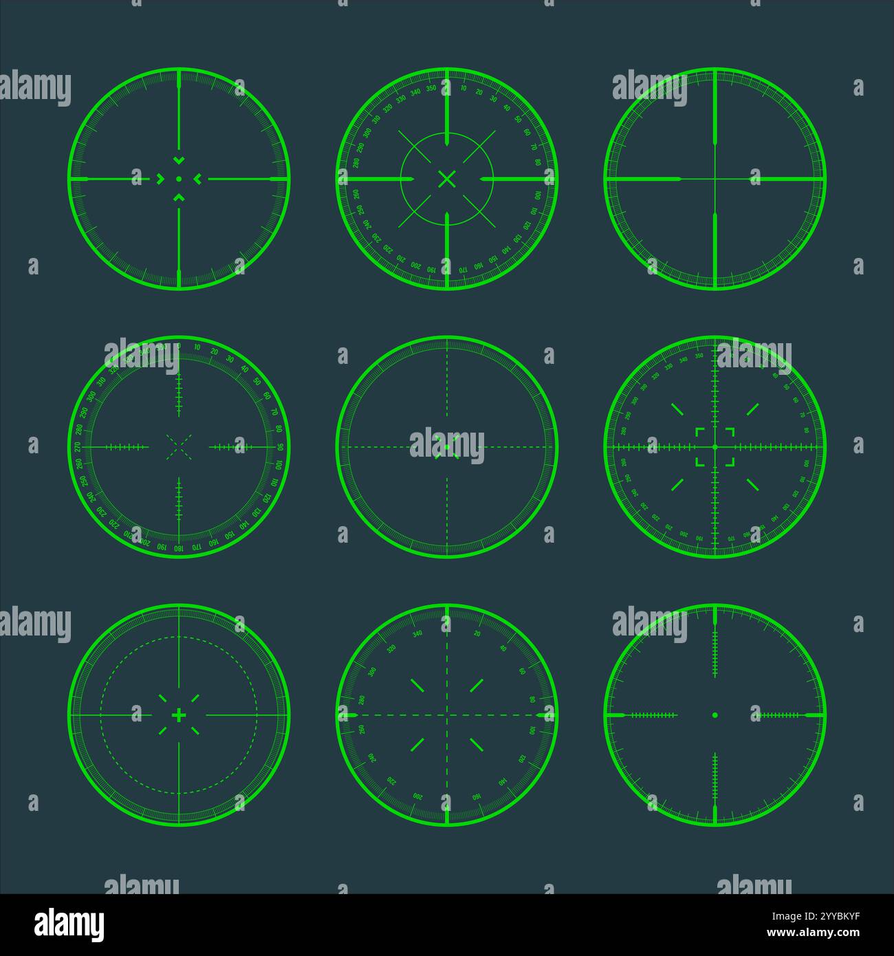 Various sniper rifle sights with degree scale, weapon optical scope ...