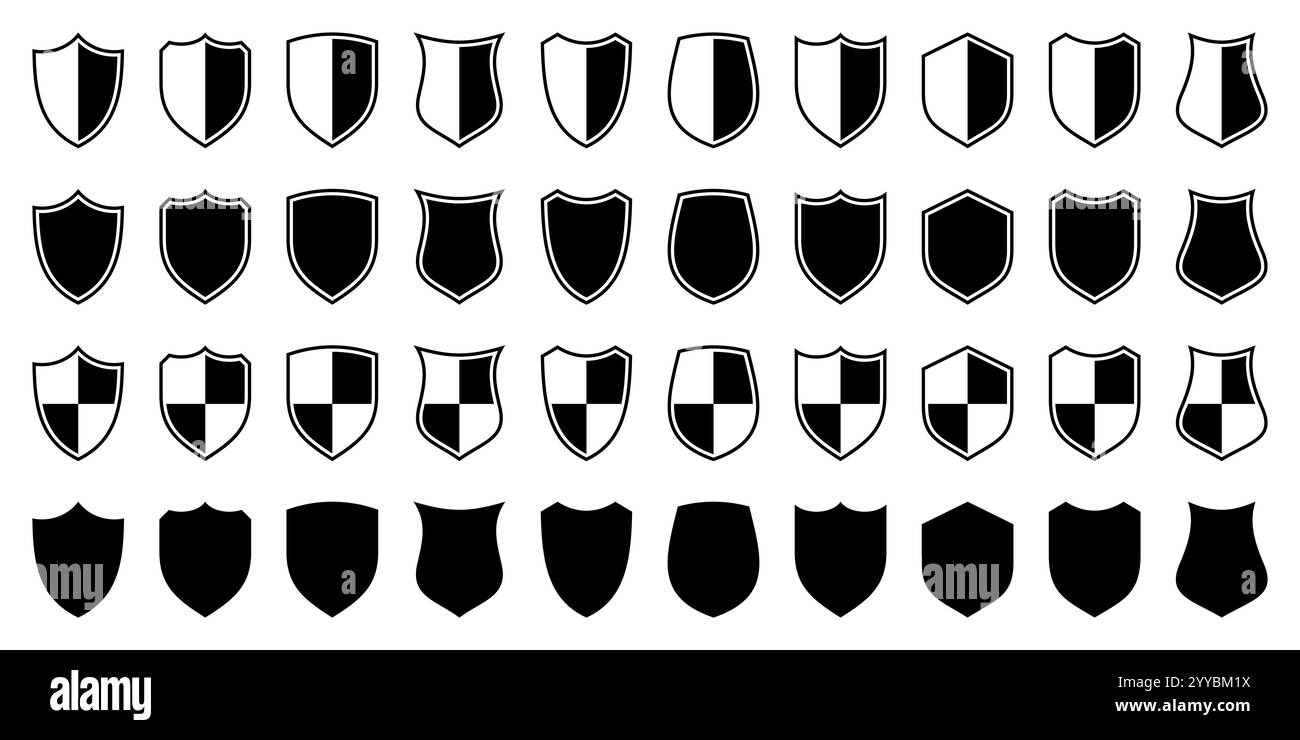 Set of various vintage shield icons. Black heraldic shields. Protection ...