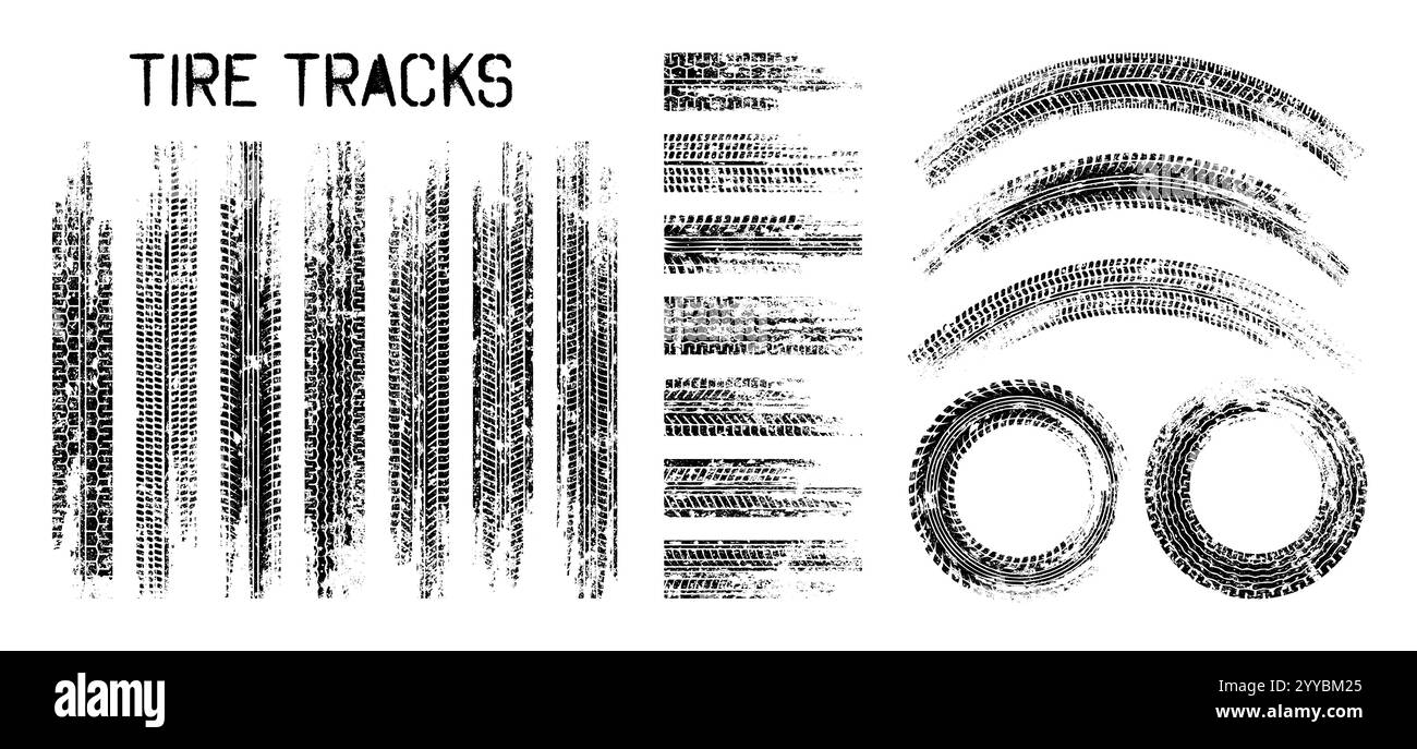 Grunge tire tracks, wheel braking marks. Truck, car or motorcycle tread ...
