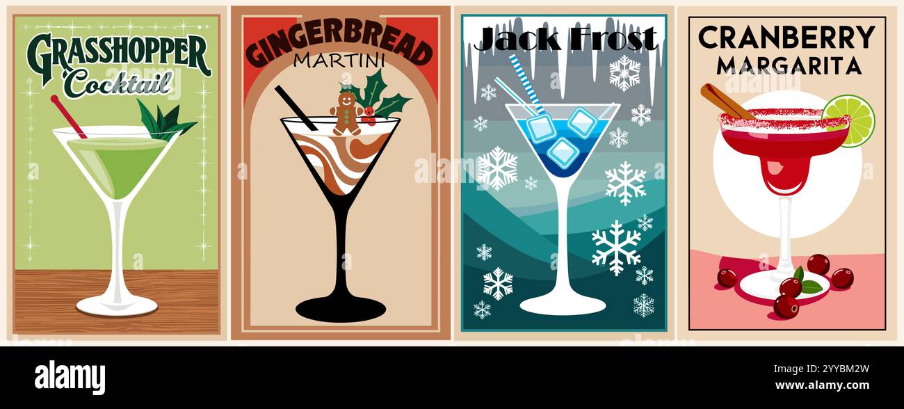 Christmas Cocktails retro poster vector art set Stock Vector Image ...