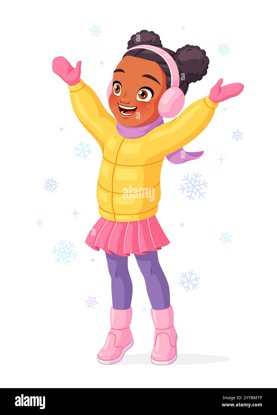 Happy little African American in warm winter clothes with raised arms ...