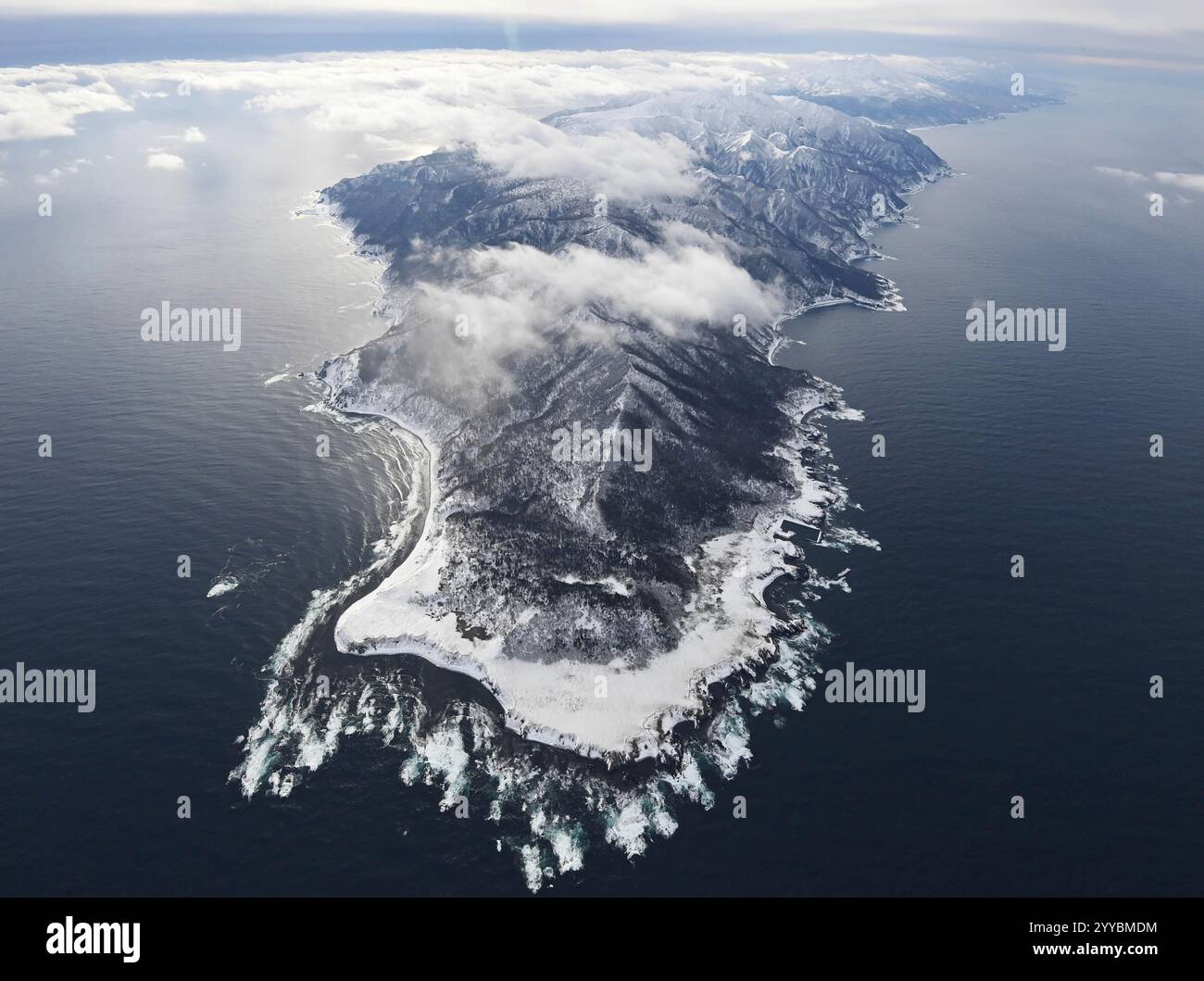 An aerial photo shows snowy Shiretoko Peninsula in Hokkaido Prefecture ...