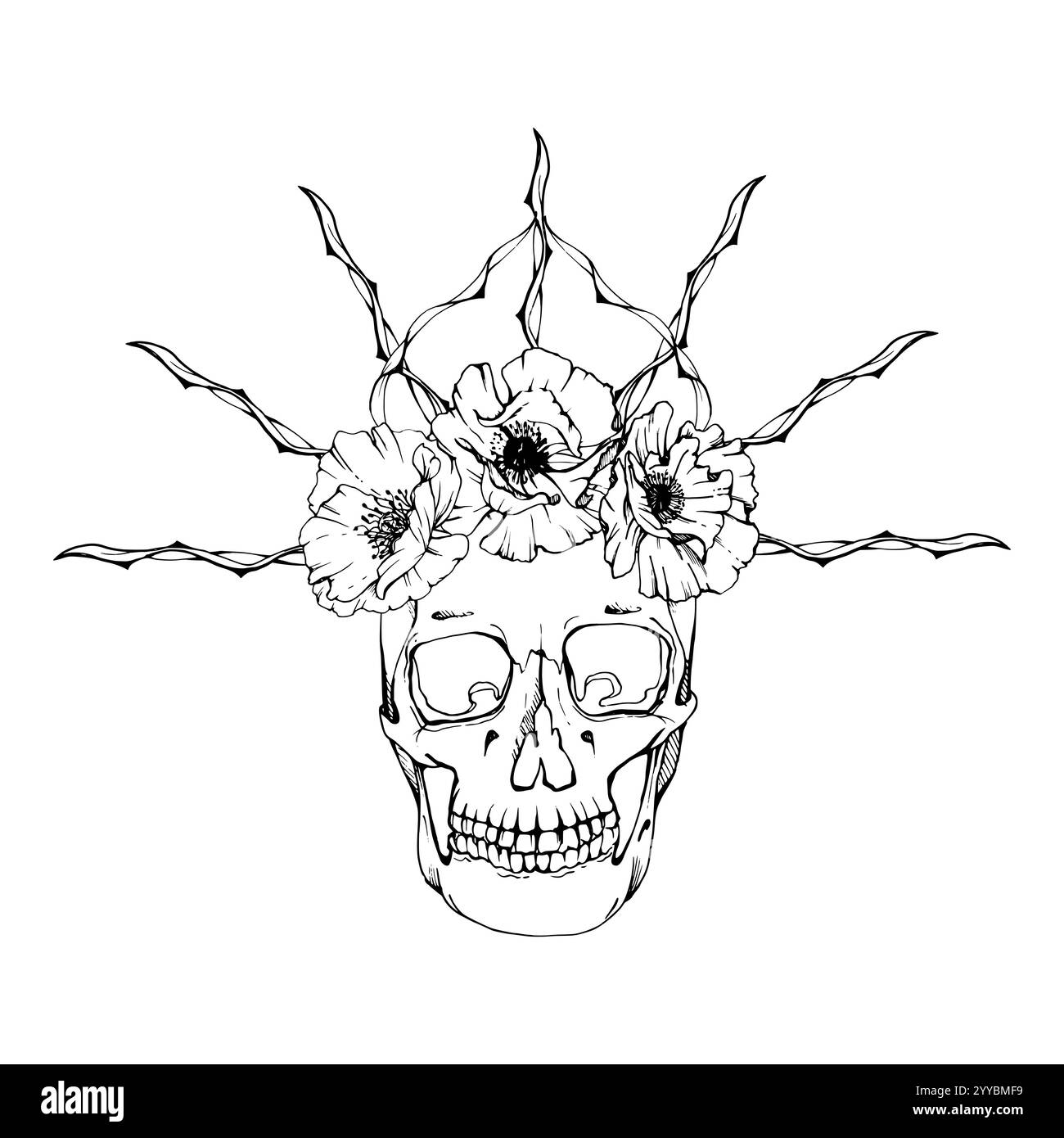 Cinco de Mayo human skull in spiked crown, poppy peony anemone. Mexican ...